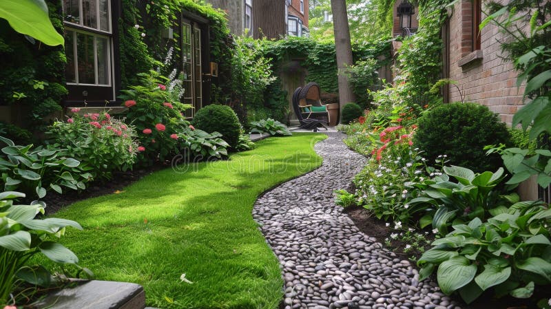 A Lush Green Lawn with a Rock Border and a Path Stock Image - Image of ...