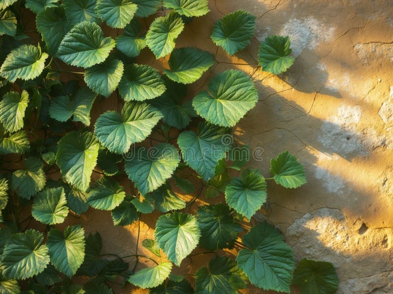 Lush Green Leaves Casting Soft Shadows on Warm Textured Wall in Bright ...