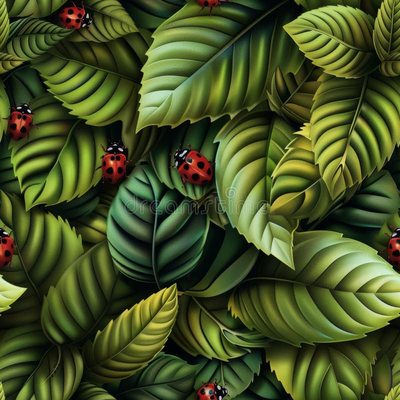 Lush Green Leaves and Ladybugs. Nature Textured Pattern Stock Image ...