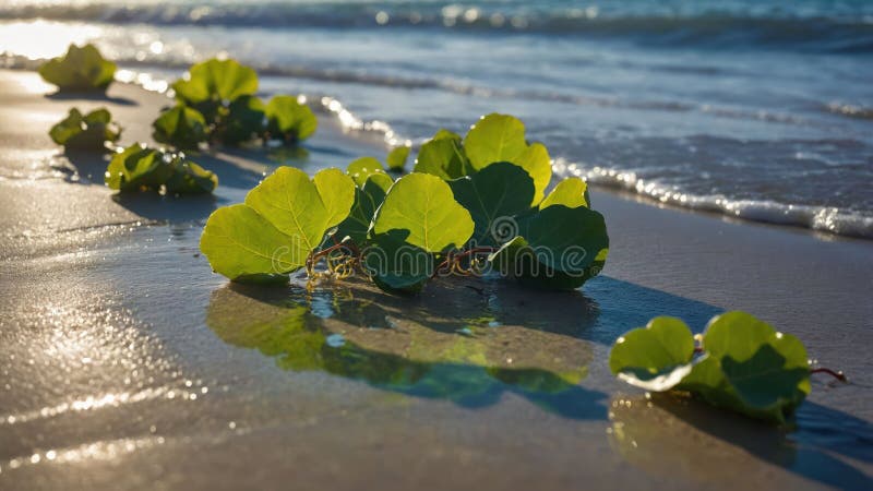 Tropical Beach Leaves in Sunlight, Ocean Waves Gently Washing Ashore ...
