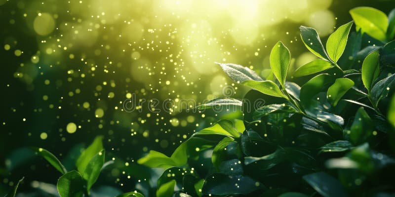 Lush Green Leaves with Sunlight and Sparkling Particles Creating a ...