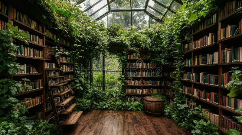 Lush Green Library with Books and Plants in Sunlit Conservatory Stock ...