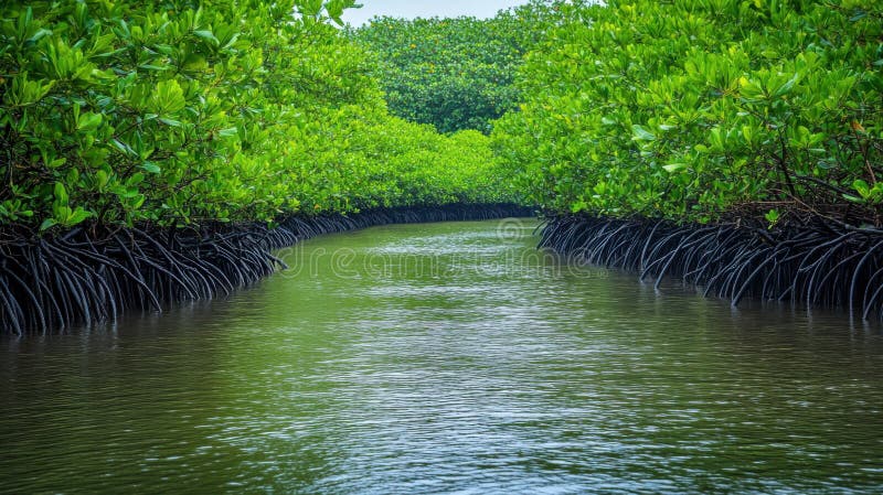 Lush Green Mangrove Forest with Dark Water Channel Stock Image - Image ...