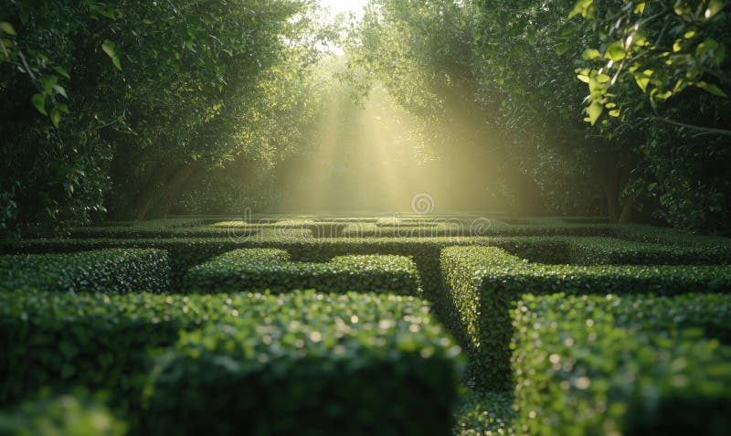 Lush Green Maze Surrounded by Sunlit Trees and Soft Rays of Light Stock ...