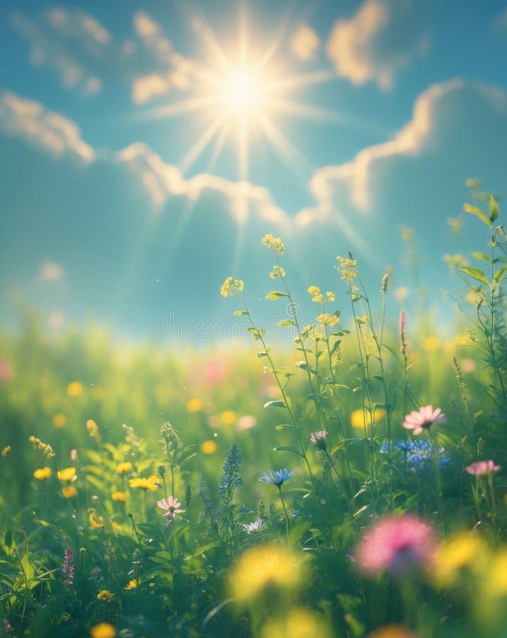 Lush Green Meadow Filled with Wildflowers Under Bright Sun. Stock Image ...