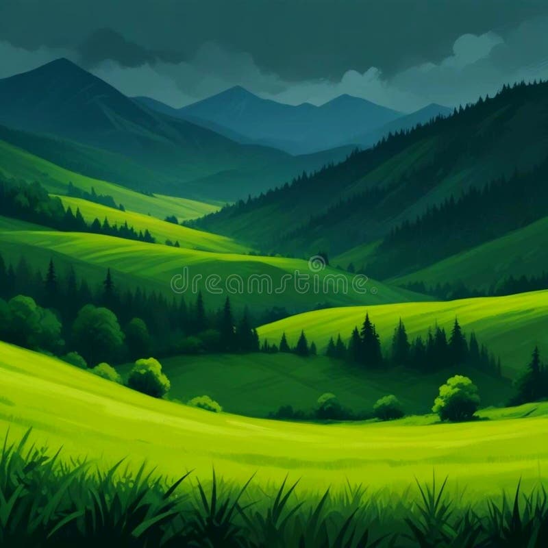 A Lush Green Meadow with Rolling Hills, Surrounded by Dense Forest and ...