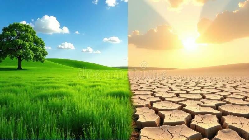 Lush Green Meadow Vs Dry Cracked Earth Climate Change Contrast Stock ...