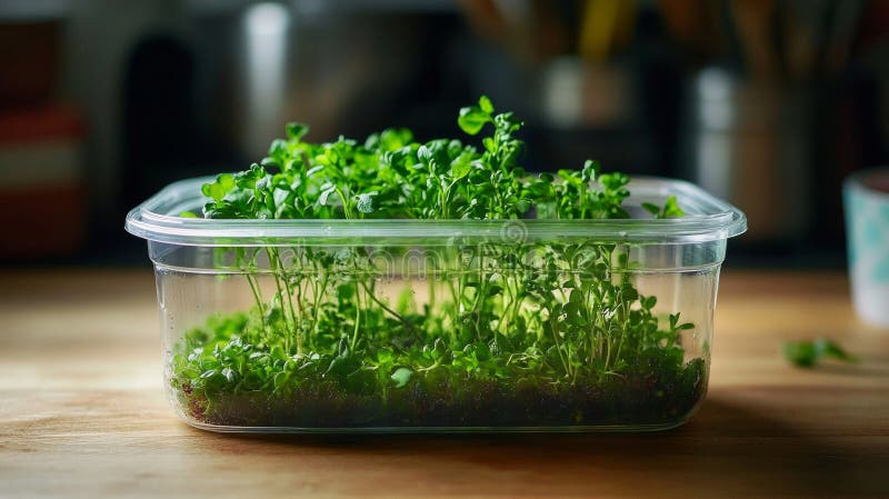 Lush Green Microgreens Growing in Clear Plastic Container Stock ...