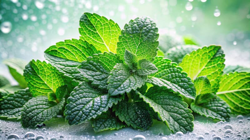 Lush Green Mint Leaves with Dew Drops on a Sparkling Surface ...