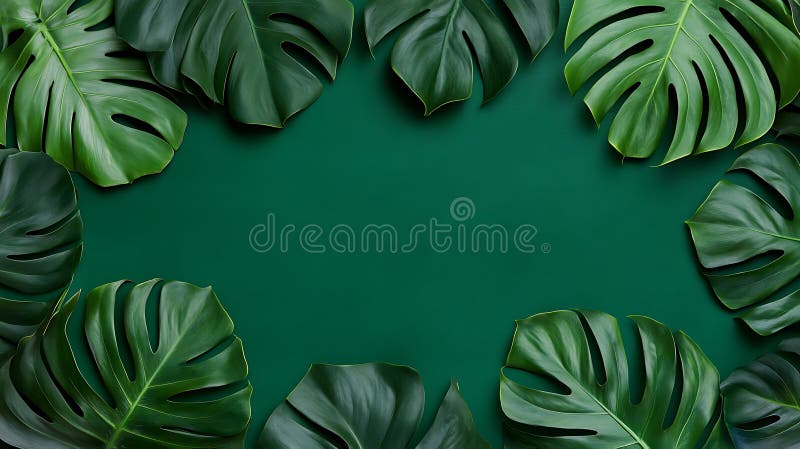 Lush Green Monstera Leaf Frame on Dark Green Background Stock ...