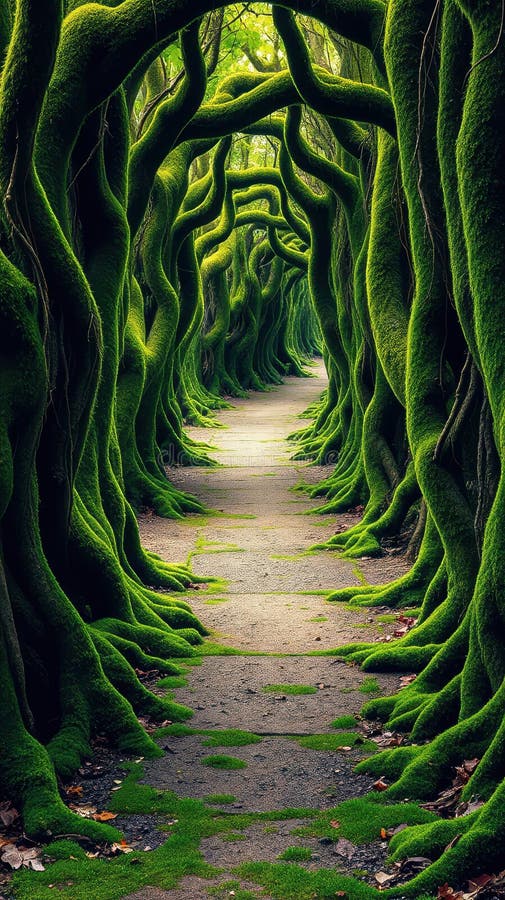 Lush Green Moss-covered Pathway through Twisted Trees in a Serene ...