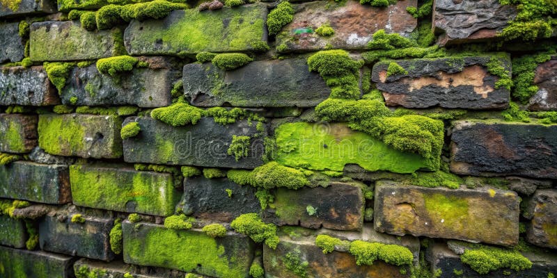 Lush Green Moss Covering Aged Brick Wall Texture. Generative AI Stock ...
