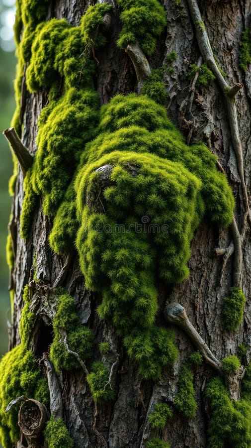 Lush Green Moss Covering a Tree Trunk in a Serene Forest Setting during ...