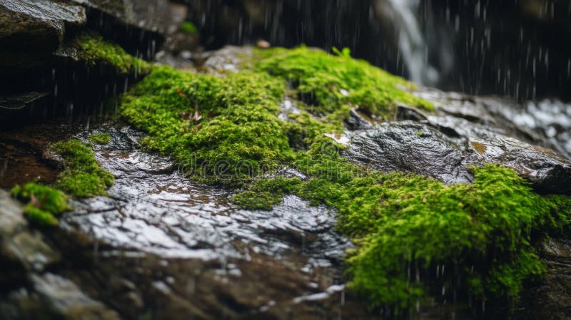 Lush Green Moss Covering a Wet, Rocky Surface with Rain Falling Stock ...