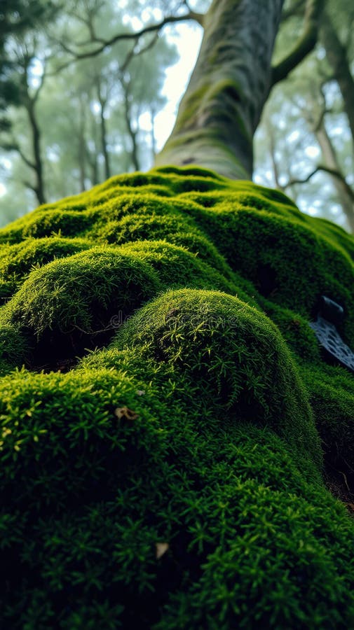 Lush Green Moss Covers the Base of a Towering Tree in a Tranquil Forest ...