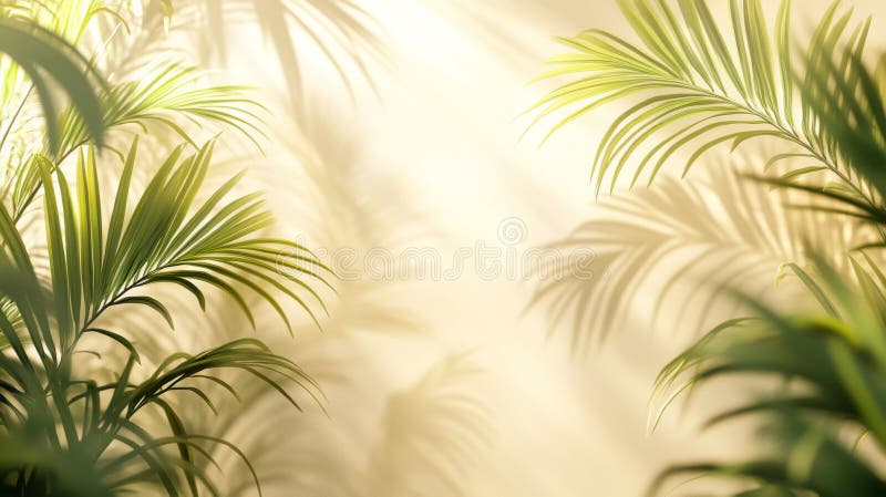 Lush Green Palm Leaves and Sunlight Shadows on Beige Background Stock ...
