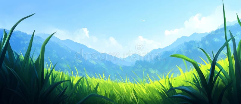 A Lush Green Panoramic Landscape Beneath a Blue Sky Dotted with Fluffy ...
