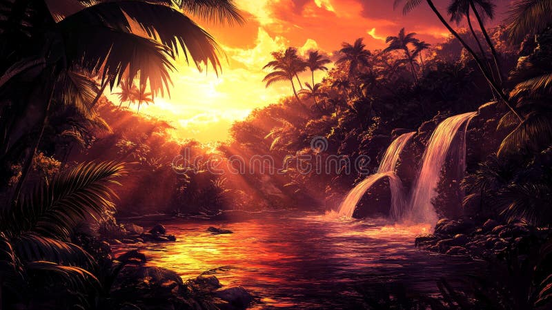 A Lush Green Paradise Featuring a Tropical Waterfall at Sunset Stock ...