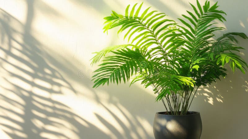 Lush Green Parlor Palm in Sunlight Against a Wall Stock Illustration ...