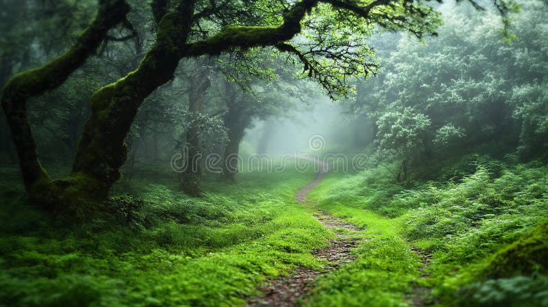 Lush Green Path in Forest Enveloped in Ethereal Mist Stock Illustration ...