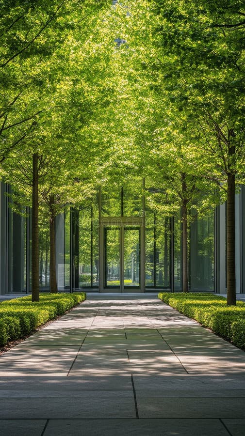 Lush Green Pathway Framed by Modern Architecture in a Tranquil Garden ...