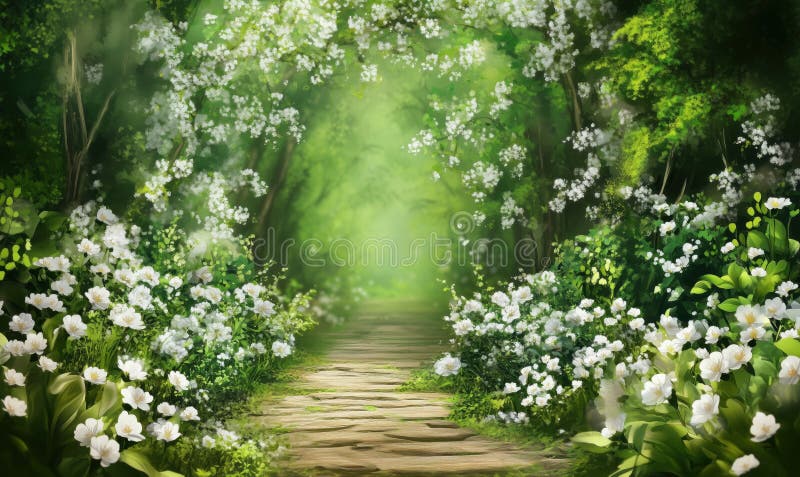 Lush Green Pathway Surrounded by Blooming White Flowers in Enchanted ...