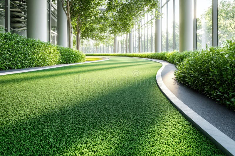 Lush Green Pathway Winding through Modern Architectural Landscape in ...