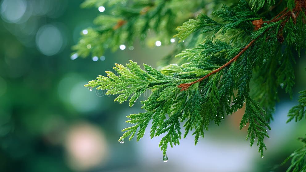 Lush Green Pine Needles with Dew Drops in a Tranquil Forest Setting ...