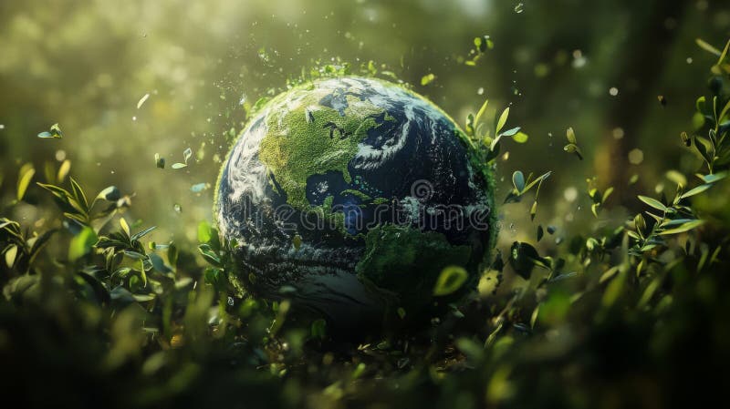Lush Green Planet Earth Emerging from Nature Stock Illustration ...
