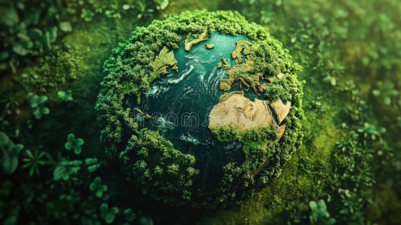 Lush Green Planet Earth Surrounded by Greenery Stock Illustration ...