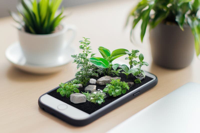 Lush Green Plants Growing on Smartphone Representing Technology and ...