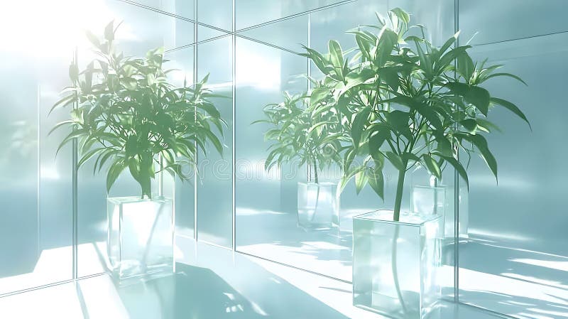 Lush Green Plants in a Reflective Modern Space Stock Photo - Image of ...
