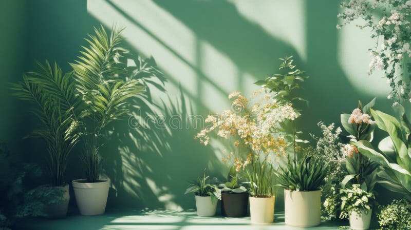 Lush Green Potted Plants in Sunlight Against a Green Wall Stock ...