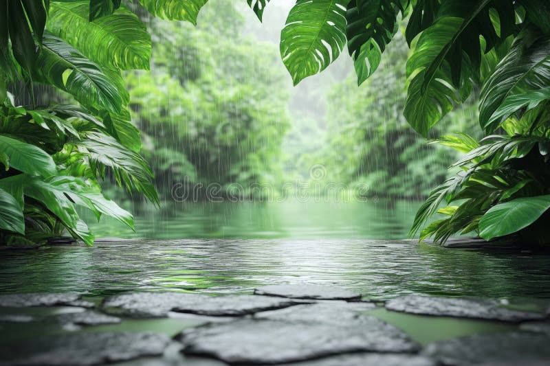 A Lush Green Rain Forest Scene Featuring Falling Water Drops Stock ...