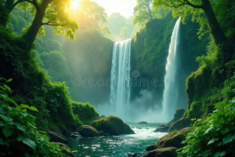 Lush Green Rainforest, Cascading Waterfall, Sunlit Mist , Exotic, View Stock Illustration ...