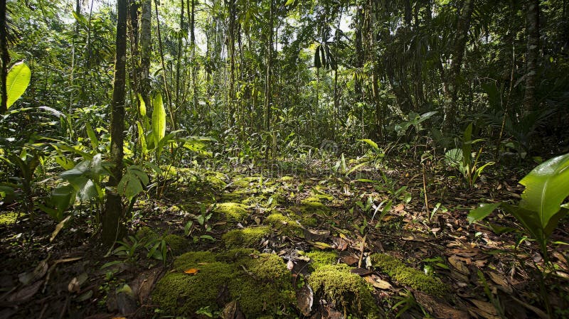 Lush Green Rainforest Floor with Sunlight Filtering through the Canopy ...