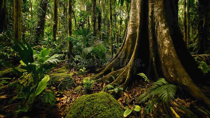 Lush Green Rainforest with Large Tree Trunk and Roots, Moss Covered ...
