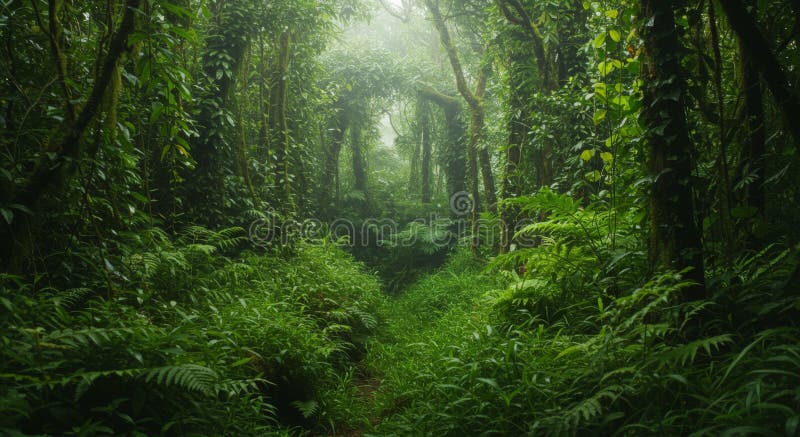 Lush Green Rainforest Path Sunlight through Canopy Stock Illustration ...