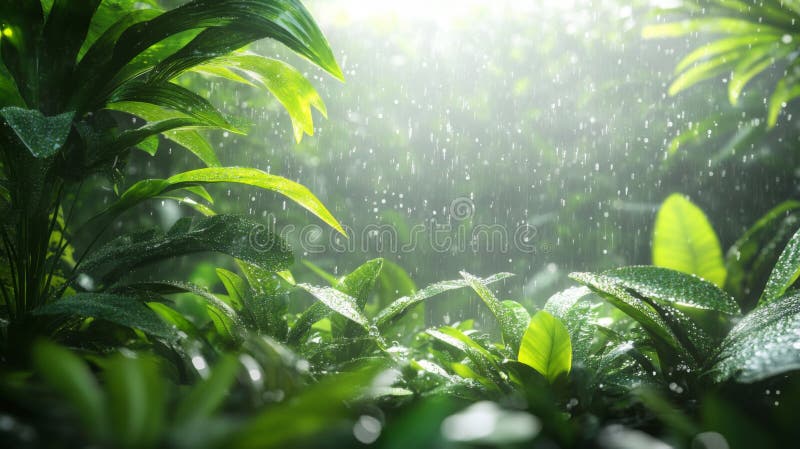 Lush Green Rainforest Scene with Rain Stock Illustration - Illustration ...