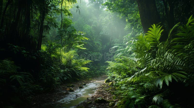 Lush Green Rainforest Stream Sunlight Tropical Jungle Stock ...