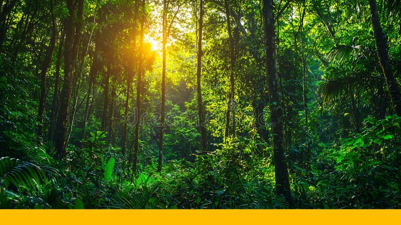 Lush Green Rainforest at Sunset, Sunlight Filtering through Dense ...