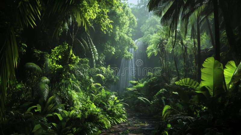 Lush Green Rainforest Waterfall Path Stock Illustration - Illustration ...