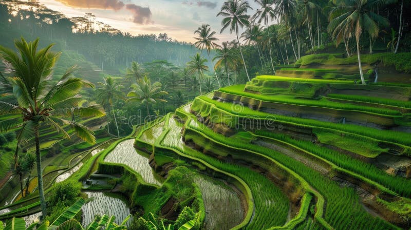 Lush Green Rice Fields, Gently Swaying in the Breeze, Under a Clear ...
