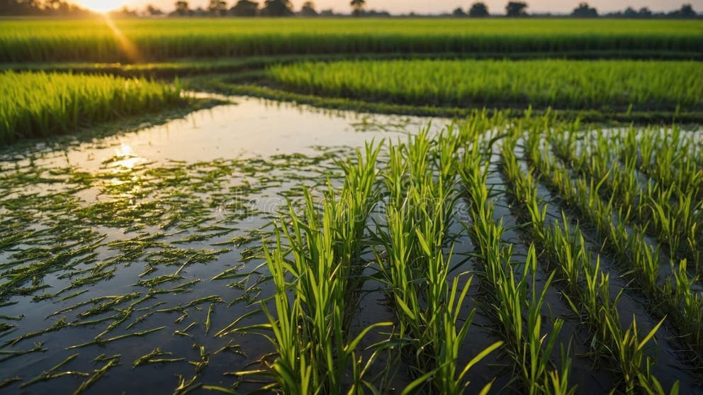 Golden Hour Rice Paddy: Lush Green Young Rice Plants in Flooded Field ...