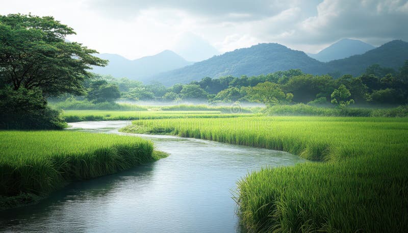Lush Green Rice Fields beside a Winding River with Distant Mountains ...