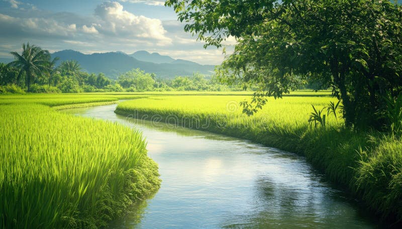 Lush Green Rice Paddies Along a Winding River with Mountains in the ...