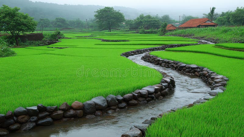 Lush Green Rice Paddy Field with Stone Irrigation Channel Stock Photo ...