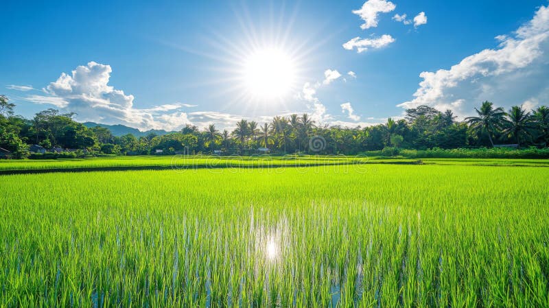 Lush Green Rice Paddy Field Under a Bright Sunny Sky Stock Illustration ...