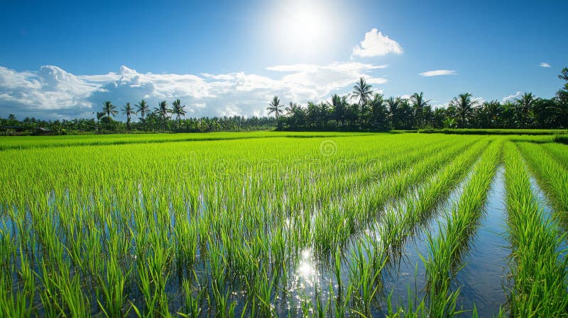 Lush Green Rice Paddy Field Under a Sunny Sky Stock Illustration ...