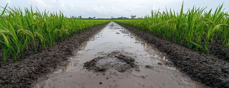 Lush Green Rice Paddy Field with Waterlogged Path. Stock Illustration ...